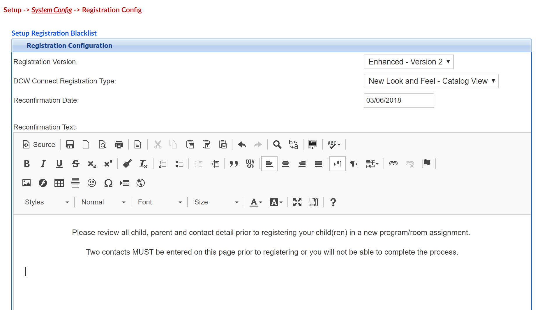 System Config - Registration, Reconfirmation Text